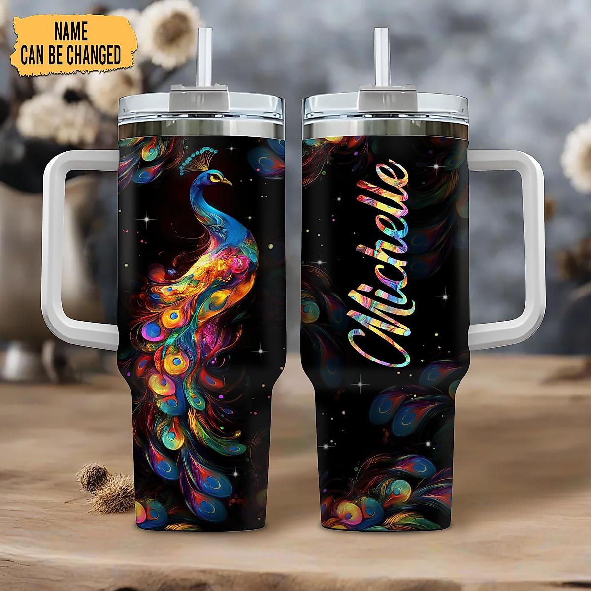 Hyturtle Personalized Peacock Tumbler - Floral Peacock Gifts For Women - Animal Present For Peafowls Lover Her - Mothers Day Present For Mom - Custom Name Travel Coffee Cup 40 oz With Lid And Straw