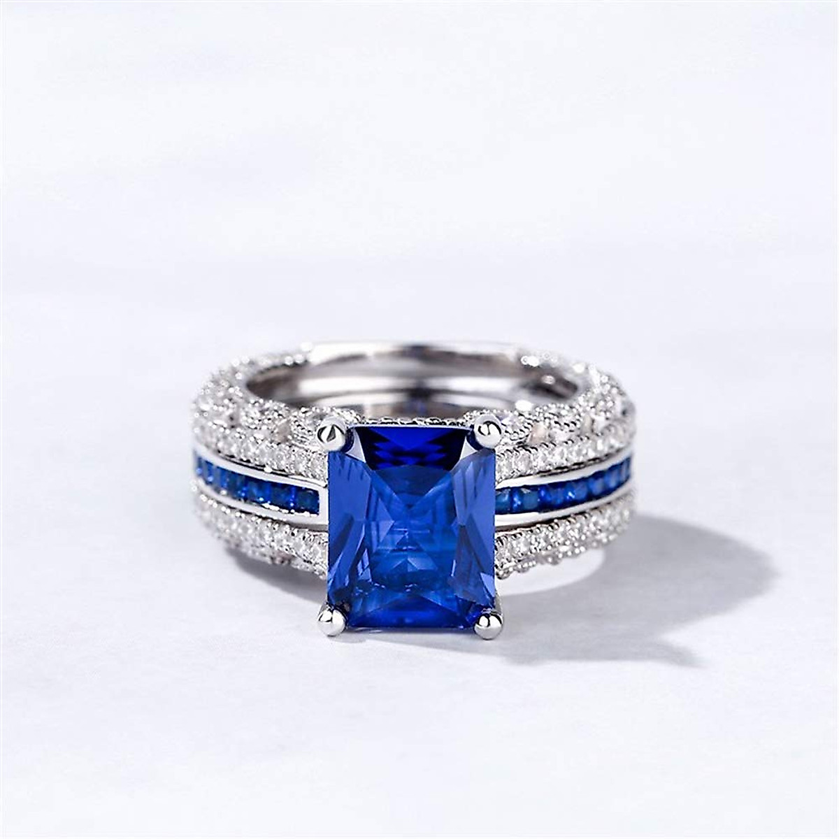 Jeulia 5.2 Carat 3PC Wedding Ring Set Radiant Cut CZ Diamond Engagement Rings Promise Anniversary Rings with Side Stones Romantic Jewelry Gift for her (Sapphire Blue, 9)