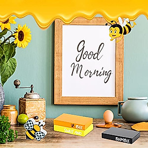4 Pieces Wood Decorative Book Stack Mini Faux Tiered Tray Wood Books Reversible Sign Rustic Bookshelf Decor for St. Patrick's Day Easter Bee Lemon Holiday Party (Bee Style)