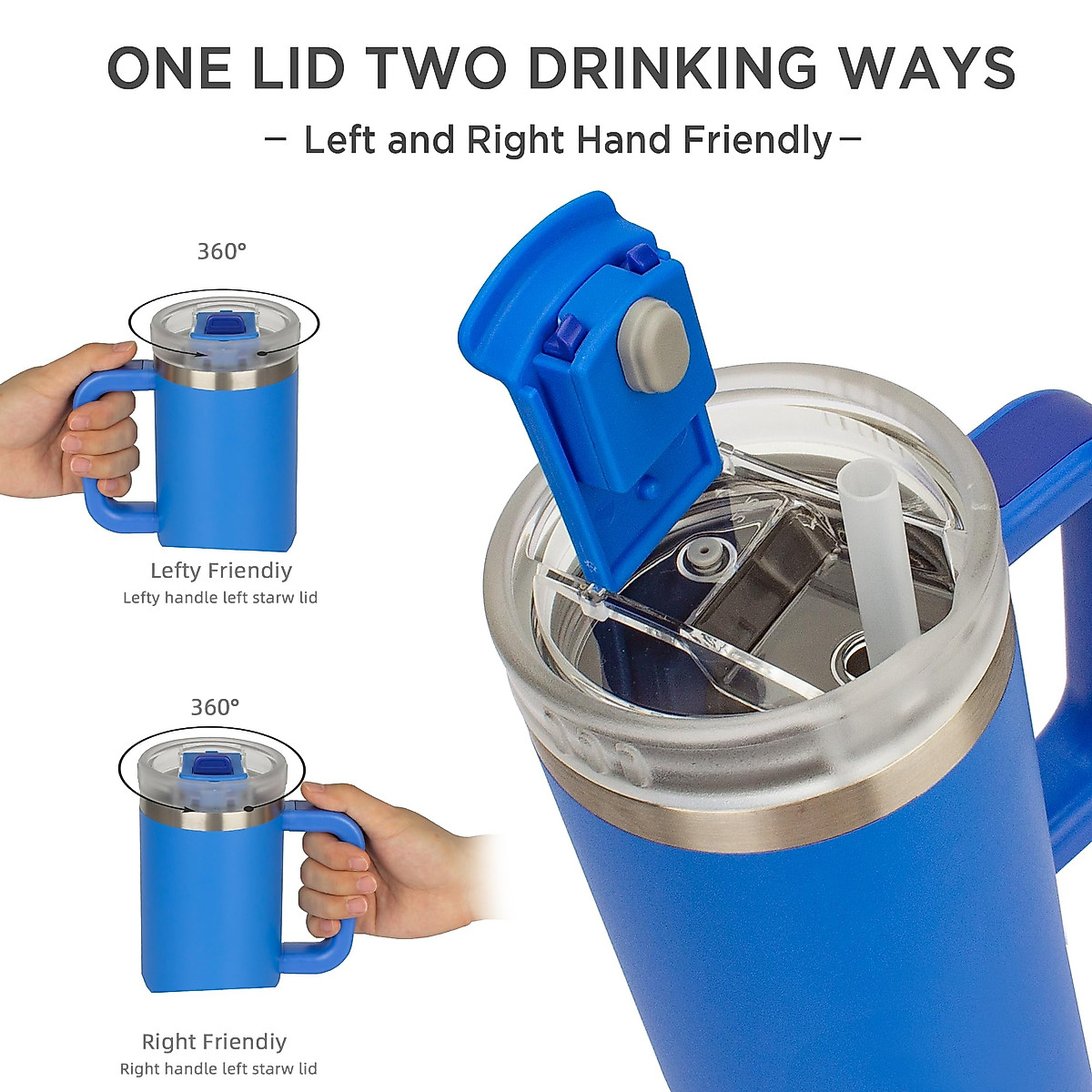 Tyeso 30 oz Tumbler with Handle, Straw and Lid - Leak Resistant Insulated Stainless Steel Water Bottle, Car Cup Holder Friendly Travel Coffee Mug Blue - Gifts for Men & Women