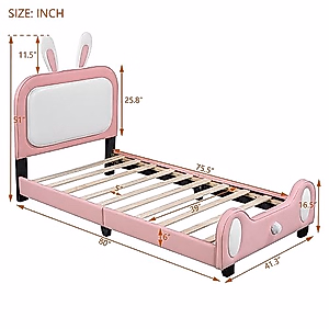 CJLMN Upholstered Rabbit Shaped Princess Bed Pink Platform Bed, Twin Size Wood Bed Frame with Bunny Ears Headboard and Bunny Tail Footboard, Kids Bedroom Furniture Fun Cute Rabbit Bed
