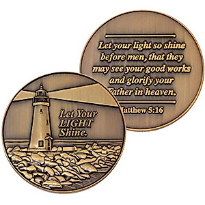 Let Your Light Shine Christian Challenge Coin, Pass Along Pocket Token of Encouragement, Handout for Bible Study, Antique Gold Plated Matthew 5:16 Gift