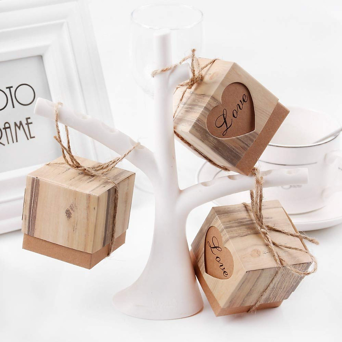 Jucoan 150 Pack Rustic Kraft Paper Candy Boxes, 2 x 2 x 2 Inch Mini Cube Wedding Favor Gift Boxes with Burlap Jute Twine, Love Heart Party Favor Gift Boxes for Wedding Baby Shower Birthday Party, Valentines Day