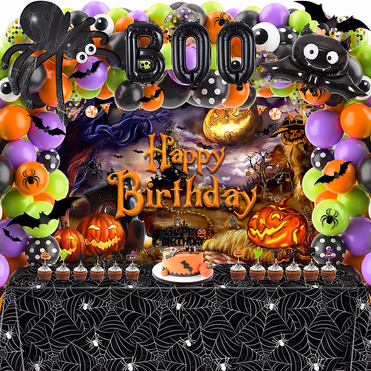 Halloween Birthday Decorations Party Supplies Halloween Themed Party Favors 105 Pcs for Kids Including Spider Web, Backdrop, Tablecloth, Cake Toppers, Spider Bat Wall Stickers, Balloons Arch and kit