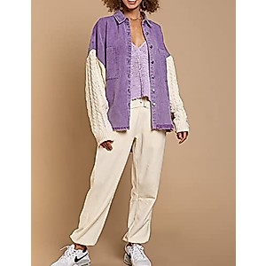 ChiyeeKiss Women's Oversized Patchwork Jean Jacket Distressed Fringed Hem Denim Jacket Sweater Long Sleeves Shacket Jacket(0028-LightPurple-M)