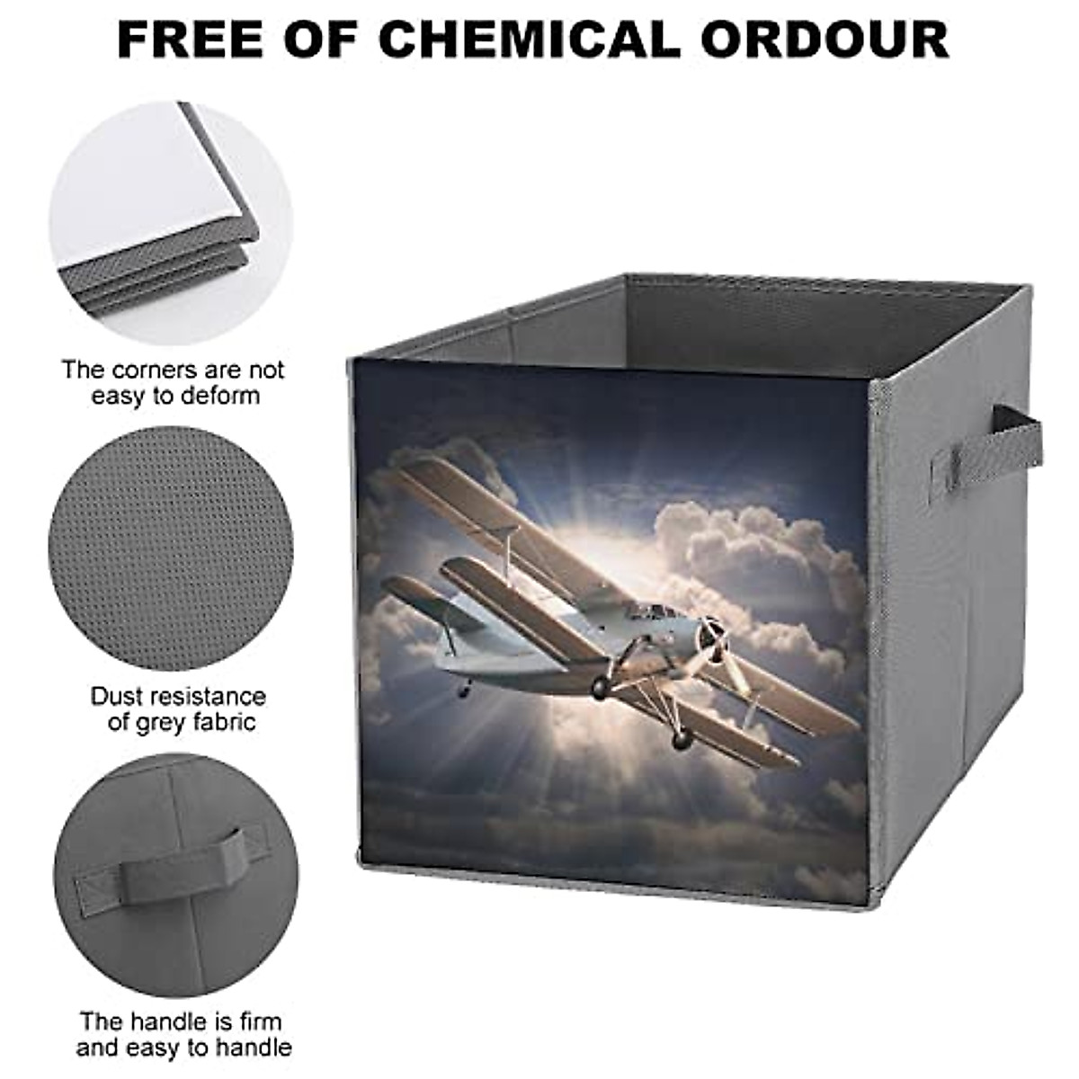 Retro Style Biplane PU Leather Collapsible Storage Bins Canvas Cube Organizer Basket with Handles