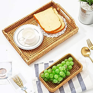 Rattan Tray, Rectangular Woven Tray, Decorative Serving Tray with Rattan Coasters and Wooden Bead Garland, for Drinks, Fruit, Bread Serving (13.3 Inch)