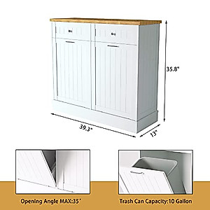 Betterhood Double Tilt Out Trash Can Cabinet 20 Gallon for Kitchen with Drewers & Solid Wooden Tabletop Free Standing,Trash Bin Cabinet (White)