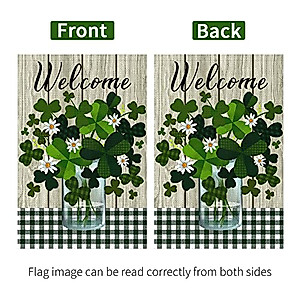 Heyfibro Welcome St Patrick's Day Garden Flag 12 x 18 Inch Double Sided with Vase Shamrocks Pattern Burlap Checkered Holiday House Yard Flag St. Patrick's Sign for Spring Outdoor Decoration(ONLY FLAG)