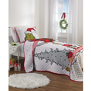 Franco Grinch by Dr. Seuss Holiday & Christmas Quilt Bedding Super Soft 2 Piece Pillow Sham and Quilt Set, Twin Size 68" x 86", (100% Officially Licensed Product)