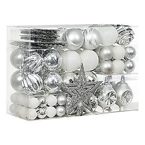 XmasExp 99-Pack Christmas Ball Ornaments Assorted Shatterproof Christmas Tree Decorations with Hand-held Gift Package for Xmas Tree,Home,Party(Silver-White)