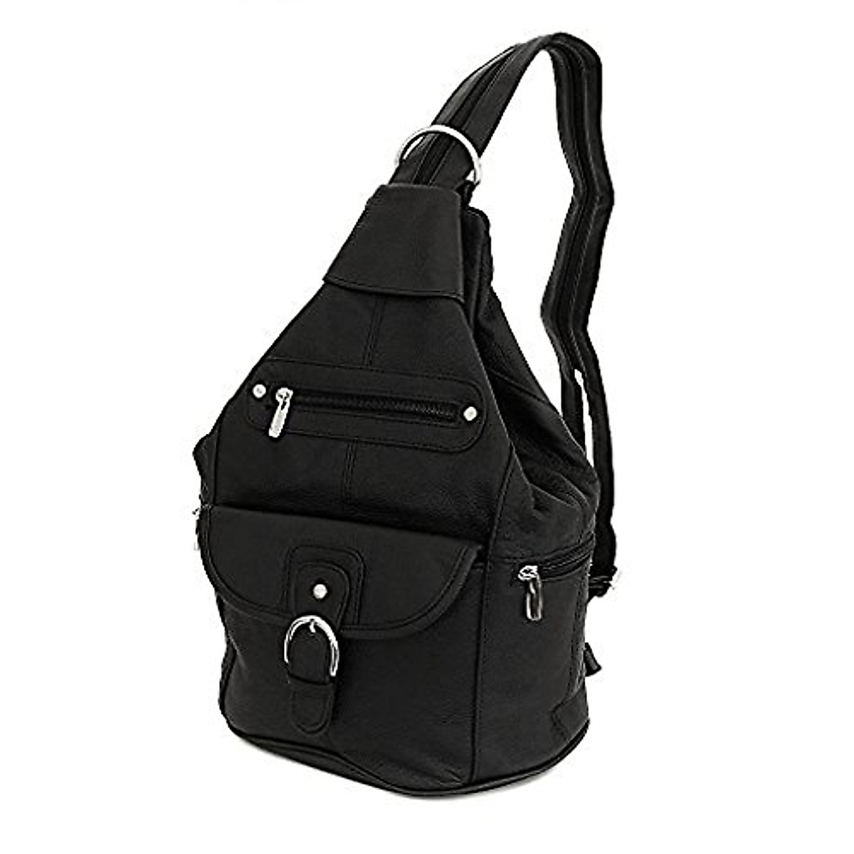Womens Leather Convertible 7 Pocket Medium Size Tear Drop Sling Backpack Purse Shoulder Bag, Black