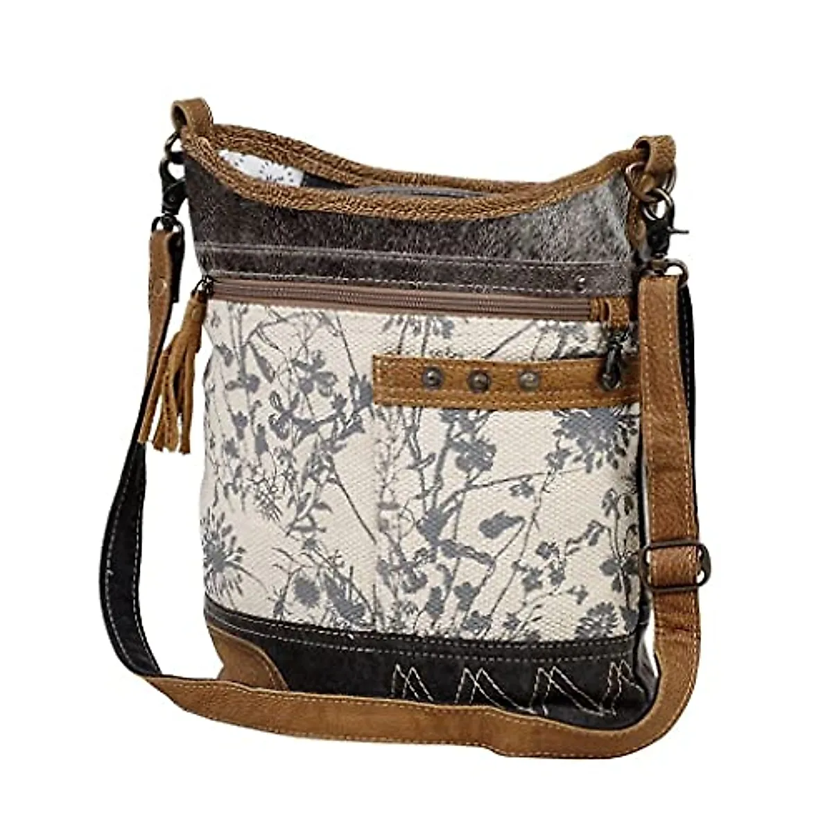 Myra Bag Milestone Shoulder Bag Upcycled Canvas, Rug, Leather & Cowhide S-2638