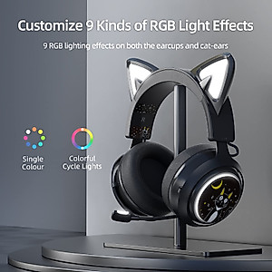 EASARS Wireless Cat Ear Headphones, Black Gaming Headset Bluetooth 5.0 for Smartphone, Retractable Mic, 50mm Drivers, RGB Lighting Headset with Mic (USB Dongle Not Included)