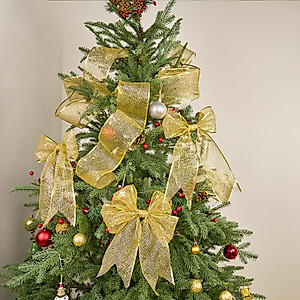 PAPER FAIR 1 Roll 4 Inch Wide 10 Yd Gold Glitter Wired Ribbon, Metallic Gold Mesh Wired Edge Ribbon for Christmas Tree Décor, Gift Wrapping Box, Bows, Wreath, Garland, DIY Craft