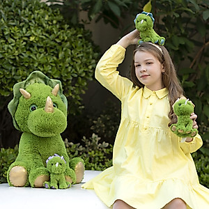 Muiteiur Triceratops Stuffed Animal Giant Dinosaur Stuffed Animal with 3 Little Baby Dinosaurs Green Triceratops Plush Toy Gift for Kids 24.5 inch