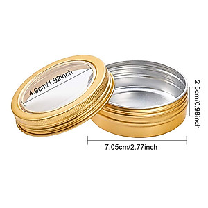 BENECREAT 14 Pack 2 OZ Tin Cans Screw Top Round Aluminum Cans Screw Lid Containers with Clear Window - Great for Store Spices, Candies, Tea or Gift Giving (Gold)