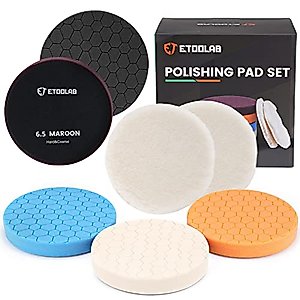 ETOOLAB 7Pcs 6.5 Inch Buffing Polishing Pad [Design for 6 Inch] 150mm Backing Plate Compound, 5 Sponge Pad & 2 Wool Grip Pads Buffing Sponge Pads for Car Buffer Polisher Compounding, Polishing,Waxing