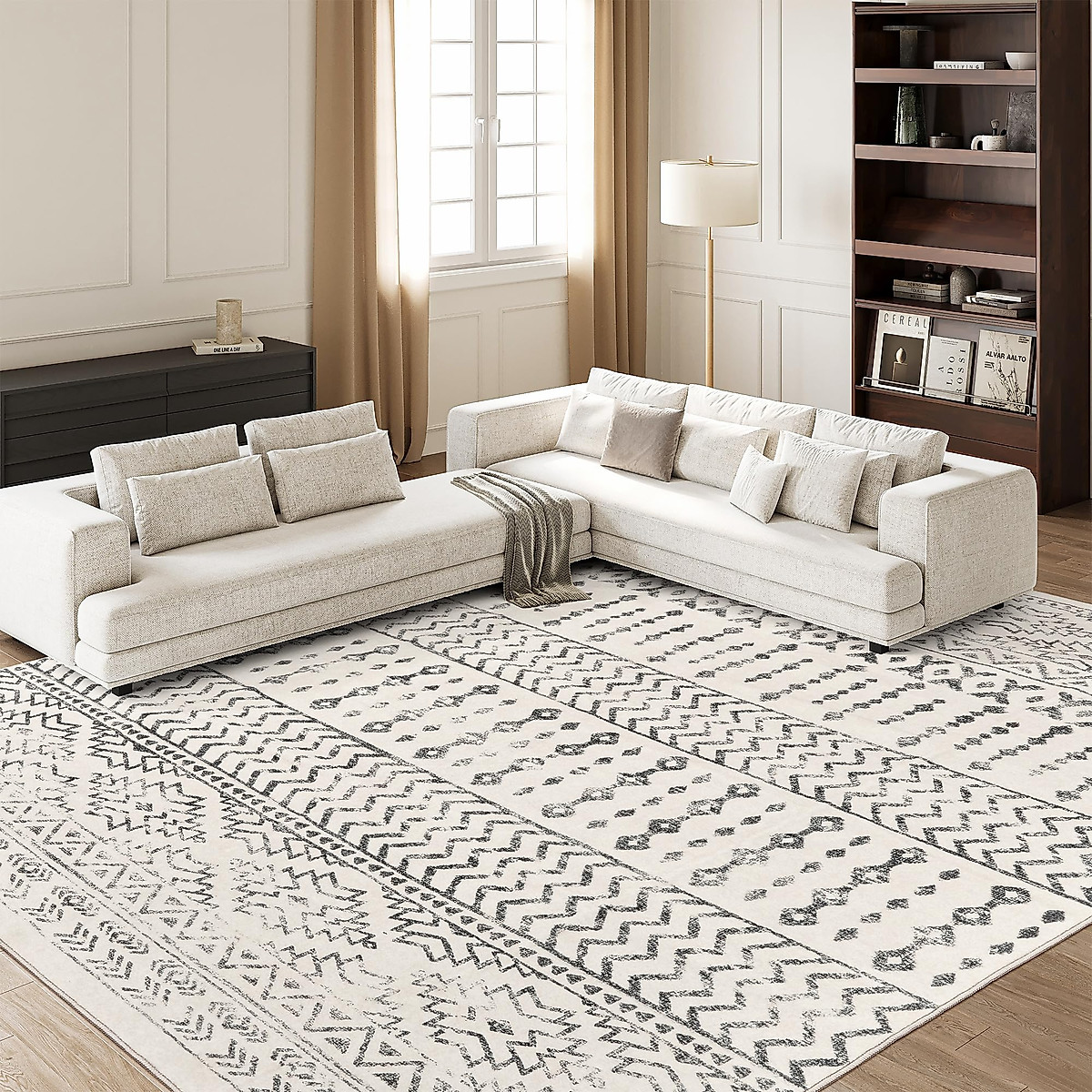 Art&Tuft 9x12 Area Rug, Super Soft Ultra-Thin Moroccan Washable Rug, Anti-Slip Backing Area Rugs 9x12 Living Room, Foldable Geometric Machine Washable Area Rug(9'x12', Ivory)