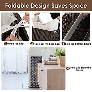 GOFLAME Laundry Hamper with Lid & Handles, 110L Divided Dirty Clothes Hamper with 3 Sections, Handwoven Rattan Laundry Basket with Removable & Machine Washable Liner Bag, Foldable & Easy Assembly