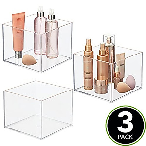 mDesign Makeup Organizer for Bathroom, Bedroom and Vanity Countertops, and Drawers; Storage Bins for Cosmetics, Brushes, Eyeshadow Palettes, Lipstick, Blush - Square - 3 Pack, Clear/Rose Gold