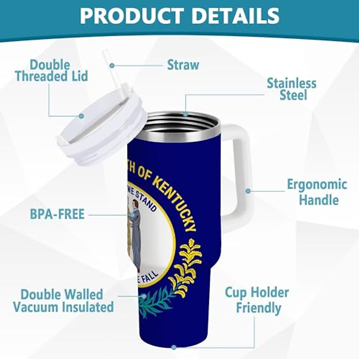 ODAWA 40oz Kentucky Flag Tumbler Cups with Straw and Handle, 2 in 1 Lid Insulated Insulated Vacuum Tumbler