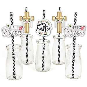 Big Dot of Happiness Religious Easter - Paper Straw Decor - Christian Holiday Party Striped Decorative Straws - Set of 24