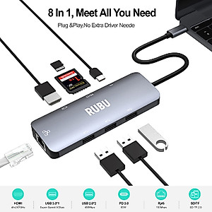 RUBU 8- in-1USB C Hub Multiport Adapter with Ethernet Driverless Compatibility with Mac, Windows, iPhone 15, Chromebook, USB, Thunderbolt, PD Charging, Ethernet, 4K60Hz HDMI, 2X USB, SD/microSD