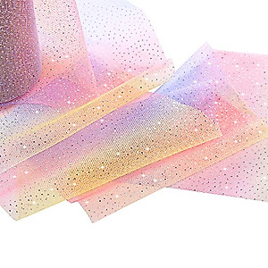 25 Yards Rainbow Glitter Tulle Roll Netting Fabric Ribbon Spool Shiny Sewing Ribbon Gradient Craft Ribbon for Table Chair Sash Bow Costume Christmas Wedding Birthday Baby Shower (Rainbow Color)