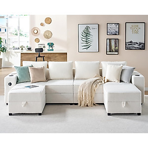 AMERLIFE 114 Inch Sectional Sofa,6 Seats Modular Sectional Sofa with Storage, U Shaped Couch with 2 USB Ports &Cup Holders, Ottomans, 4 Pieces Set White Bouclé Sofa Couch
