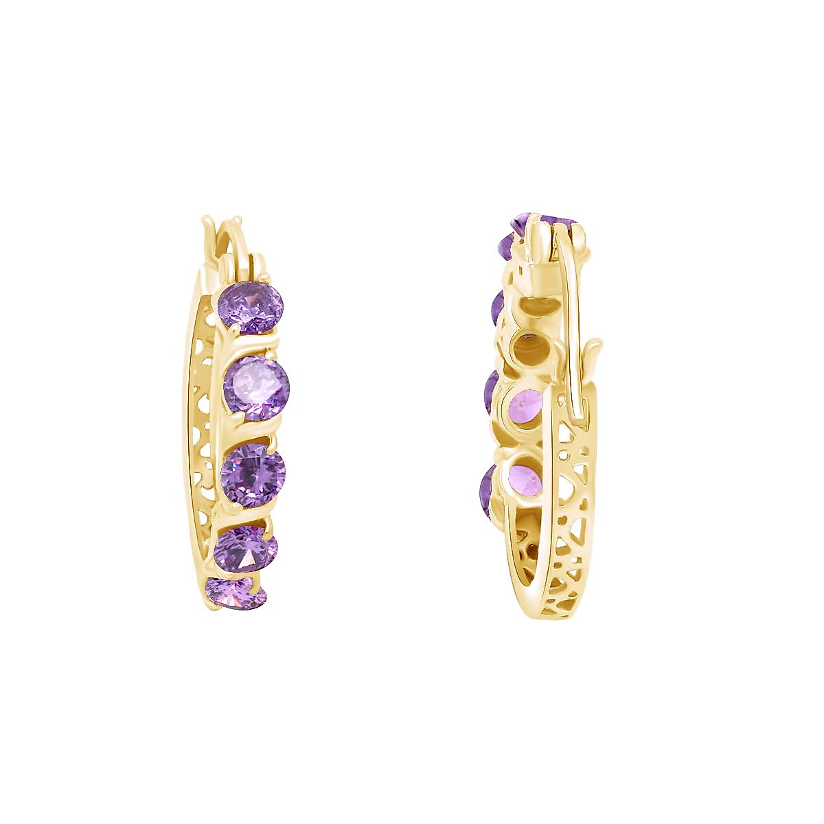 Round Cut Purple February Amethyst Birthstone Snap Closure Hoop Earrings In 14k Yellow Gold Over Sterling Silver