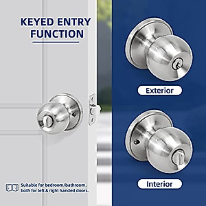 LOQRON Ball Door Knob Entry Function Door Knob, Keyed Entry Door Knob with Lock, Round Ball Handle for Front Door Right and Left Side, Satin Nickel,1Pack