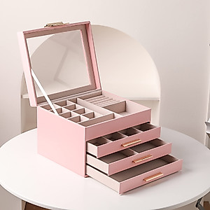 Frebeauty Clear Lid Jewelry Box,4 Layers Jewelry Organizer Large Multi-Functional Jewelry Storage Box with 3 Drawers,Jewelry Display Case of Rings Earrings Necklace Bracelets for Women Girls(Pink)