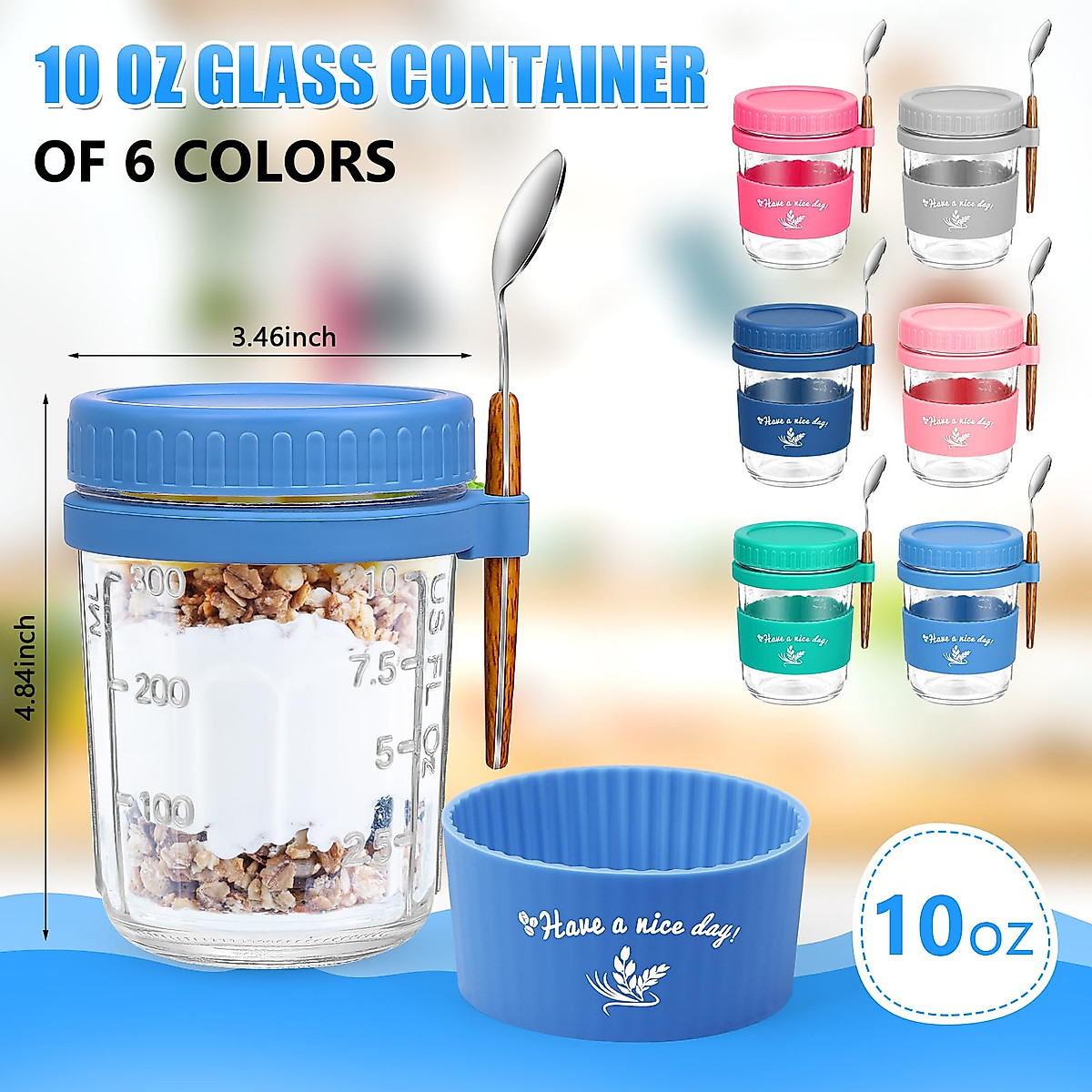 6 Pack Overnight Oats Containers with Lids and Spoon, 10 oz Glass Mason Jars with Sleeve Airtight Oatmeal Container with Measurement Marks Chia Pudding Jars with Lids for Milk Cereal Fruit Meal Prep