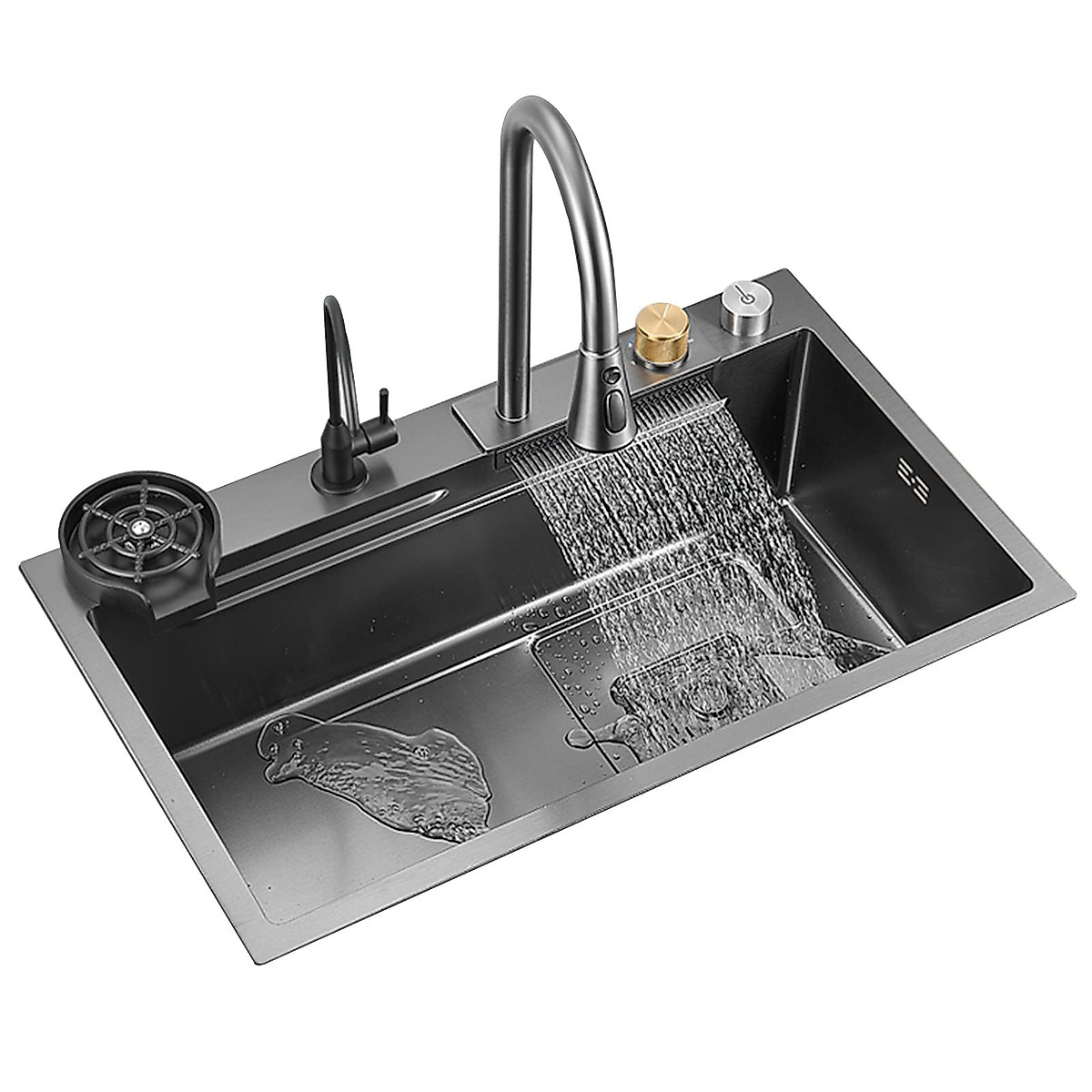 Ozetix Sink 304 Stainless Steel Nano Raindance Waterfall Sink Home Sink Vegetable Basin Single Sink Workstation Ozetix Sink With Pull-Out Faucet, Pressurized Cup Washer 68x45x20cm