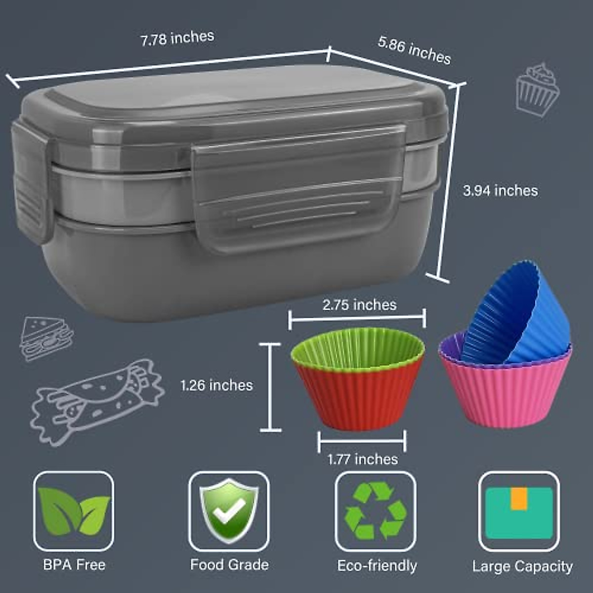 CocoMeiwei Bento Box Adult Lunch Box, Bento Lunch Box with 5 Silicone Cupcake Liners, Leak-proof Bento Lunch Box Containers 3 Tiers 50oz, 6compartments Large Capacity for Working Grey
