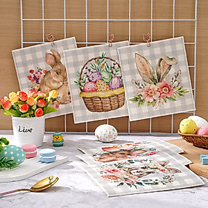AnyDesign Easter Swedish Kitchen Dishcloth Set of 6 Watercolor Easter Egg Rabbit Bunny Floral Cotton Kitchen Towel Gray White Buffalo Plaids Dish Towel for Housewarming Cleaning Wipes, 7 x 8 in