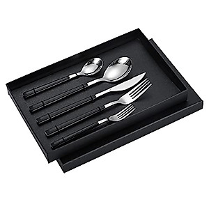 Kitchen Utensils Set, 5 Pcs Tableware Cutlery Set Stainless Steel Restaurant Dishwasher Dinner Knives Forks Spoons Eating Utensils High Hardness Flatware Set (Black Handle)