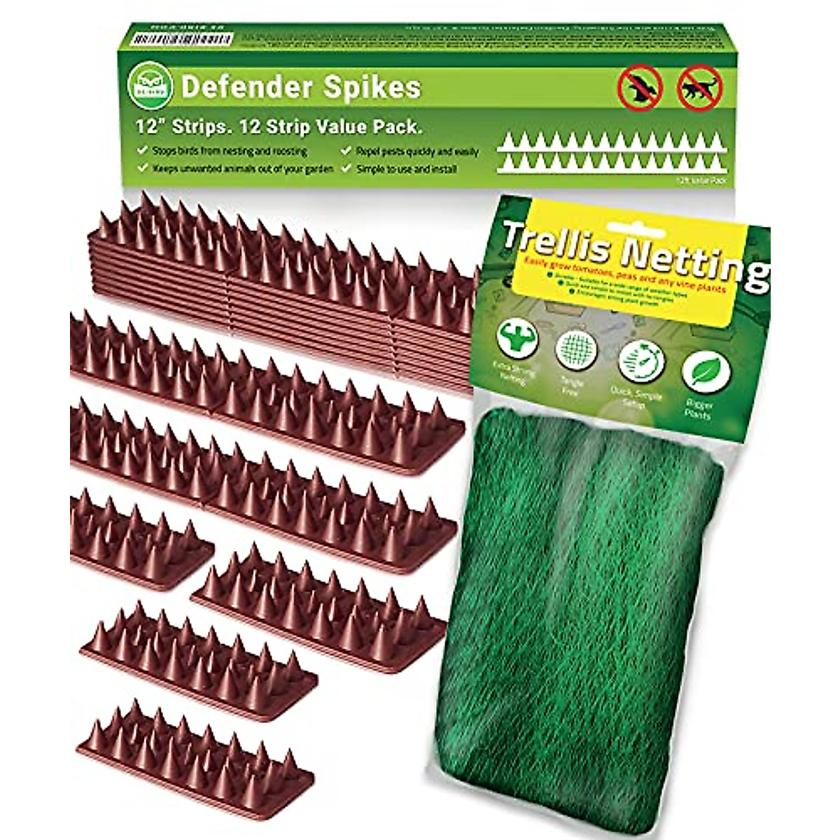 De-Bird Bundle Includes: Defender Spikes 12 pk & Heavy Duty Trellis Netting - Keep Away Pigeon, Woodpecker & Cats from Your Garden and Crops