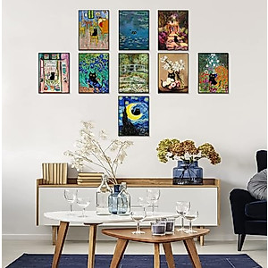 9 Pieces of Matisse's interesting Black Cat Posters Wall Art Print Monet Eclectic Aesthetics Retro Wall Decoration Cat Lover Canvas Flower Printing Colorful Farmhouse Gallery Bedroom Bathroom