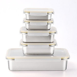 GEEJA 18/8 Stainless Steel Food Storage Containers, Meal Preparation Container Set, Baking Pan, Leak Proof Stackable Light and Easy Storage, Metal Set of 5 (2PC 21oz/2PC 43oz/1PC 169oz)