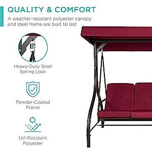Best Choice Products 3-Seat Outdoor Large Converting Canopy Swing Glider, Patio Hammock Lounge Chair for Porch, Backyard w/Flatbed, Adjustable Shade, Removable Cushions - Burgundy