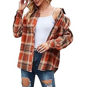 Zontroldy Womens Lightweight Flannel Shirt Plaid Buffalo Long Sleeve Button Down Oversized Flannels Shirts Blouse Tops (0199-Orange-M)