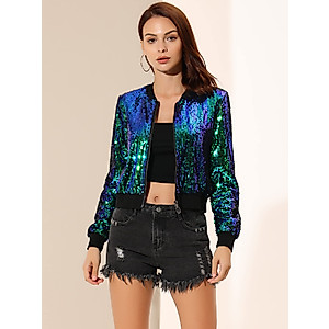 Allegra K Women's Sequin Jacket Long Sleeve Cropped Zipper Up Party Glitter Bomber Sparkly Jackets X-Small Green