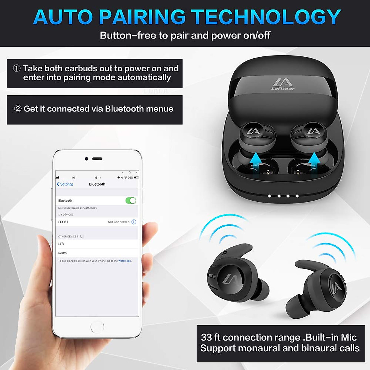 Lafitear Wireless Earbuds Bluetooth 5.0, Waterproof Sports Earphones w/Mic, Touch Control, Deep Bass Sound, One Step Pairing, in-Ear Headset for Sport/Travel/Gym