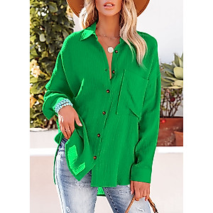 AISEW Womens Button Down Shirts Casual V Neck Long Sleeve Loose Fit Collared Plain Blouses Tops with Pocket (Green, 7001L)