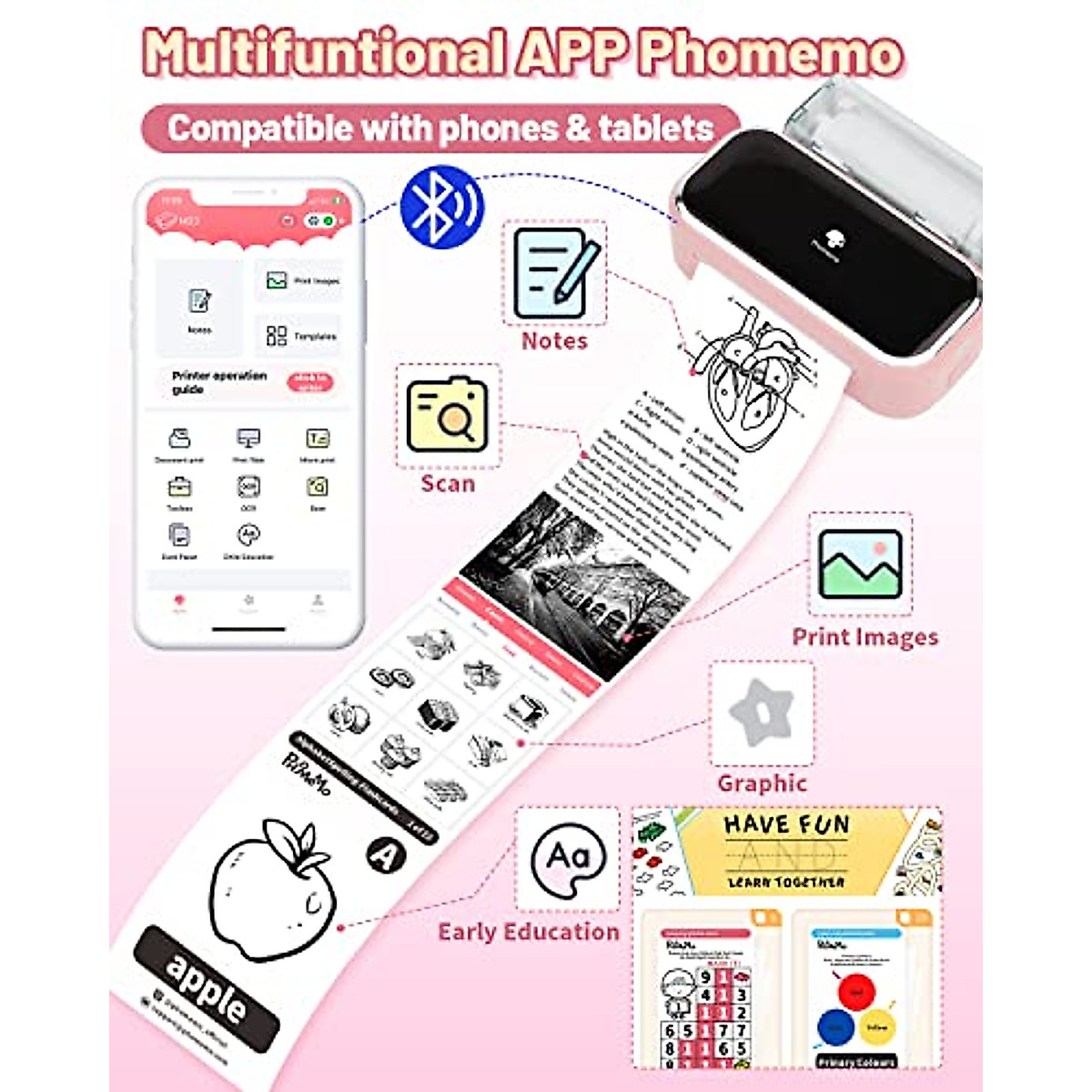 Phomemo M03 Portable Printer-2022 Bluetooth Portable Printer Photo Printer Wireless Portable Mobile Printer Thermal Printer Compatible with iOS + Android,Gift for Mom,Cute School Supplies-Pink
