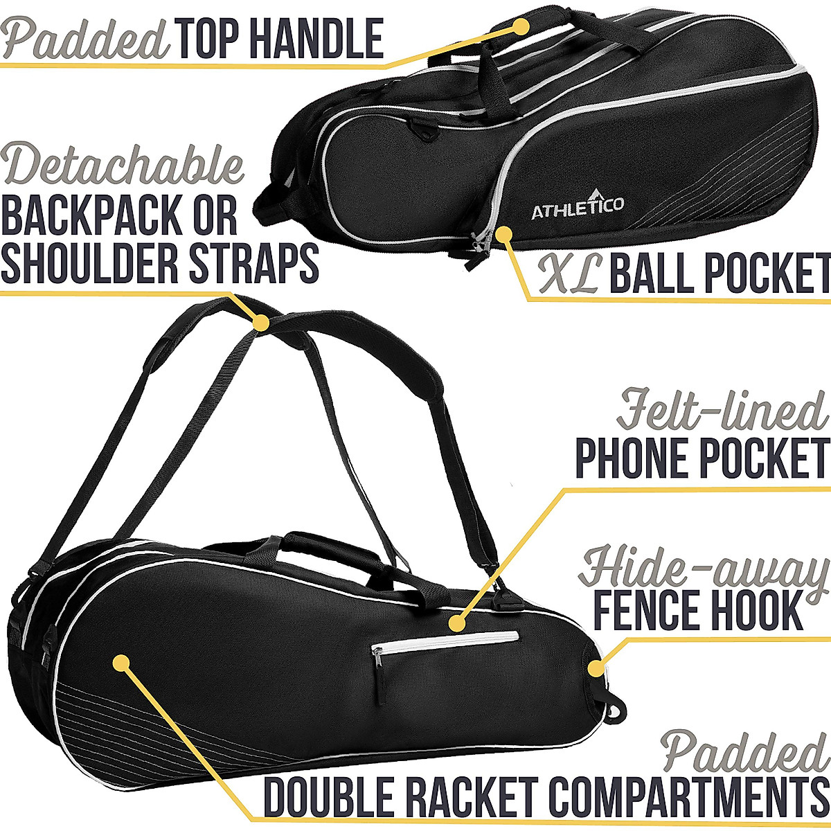 Athletico 6 Racquet Tennis Bag | Padded to Protect Rackets & Lightweight | Professional or Beginner Tennis Players | Unisex Design for Men, Women, Youth and Adults (Black)