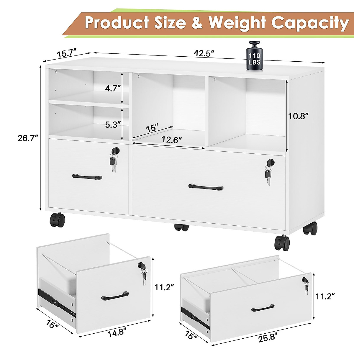 Semoic 2 Drawer Wood Lateral File Cabinet with Lock, Lockable Rolling Filing Cabinet with Open Storage Shelves, Printer Stand Office Storage Cabinet for Home Office Fits Files Legal/A4 Size, White