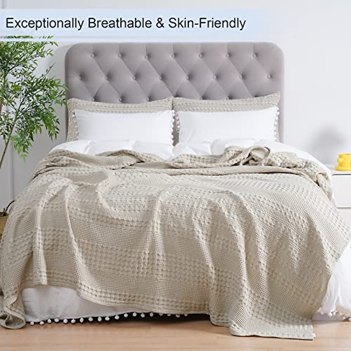 PHF 100% Cotton Waffle Weave Blanket King Size - Washed Soft Lightweight Blanket for All Season - Breathable and Skin-Friendly Blanket for Couch Bed Sofa 108"x90" - Light Khaki/Linen